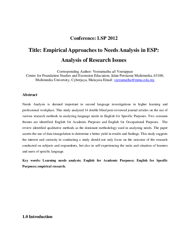 Pdf Empirical Approaches To Needs Analysis In Esp Analysis Of
