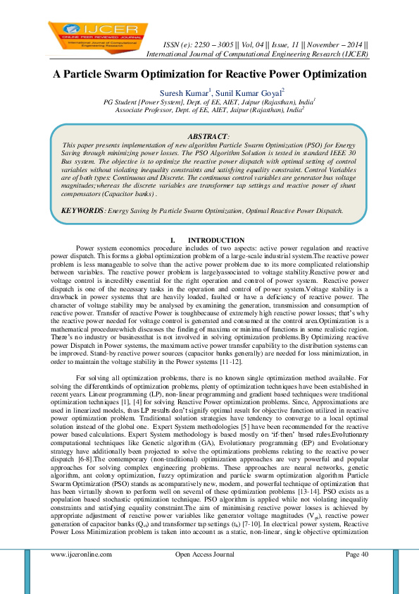 Pdf A Particle Swarm Optimization For Reactive Power Optimization