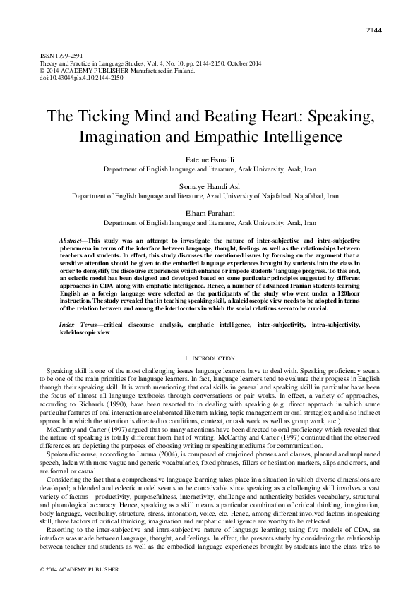 (PDF) The Ticking Mind and Beating Heart: Speaking, Imagination and ...