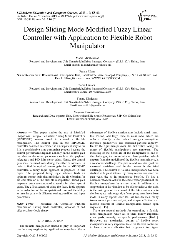 (PDF) Design Sliding Mode Modified Fuzzy Linear Controller with Application to Flexible Robot ...