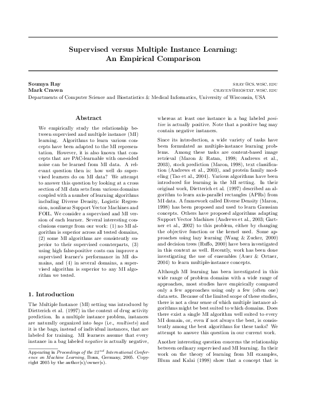 (PDF) Supervised versus multiple instance learning: an empirical comparison