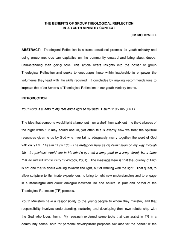 (DOC) THE BENEFITS OF GROUP THEOLOGICAL REFLECTION IN A YOUTH MINISTRY ...