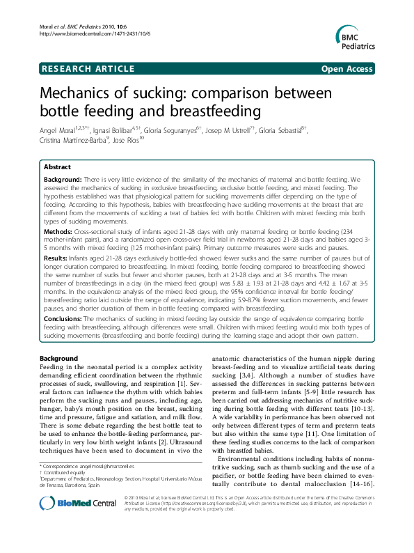 (PDF) Mechanics of sucking: comparison between bottle feeding and breastfeeding