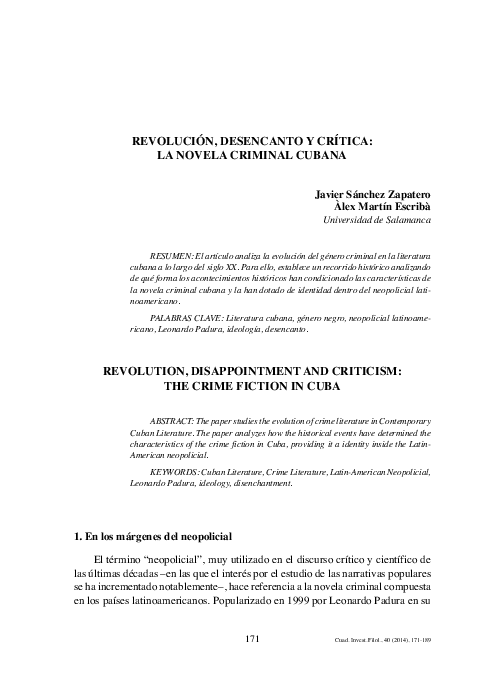 Pdf Revolución Desencanto Y Crítica La Novela Criminal Cubana