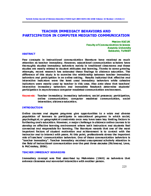 (PDF) Teacher Immediacy Behaviors and Participation in Computer ...