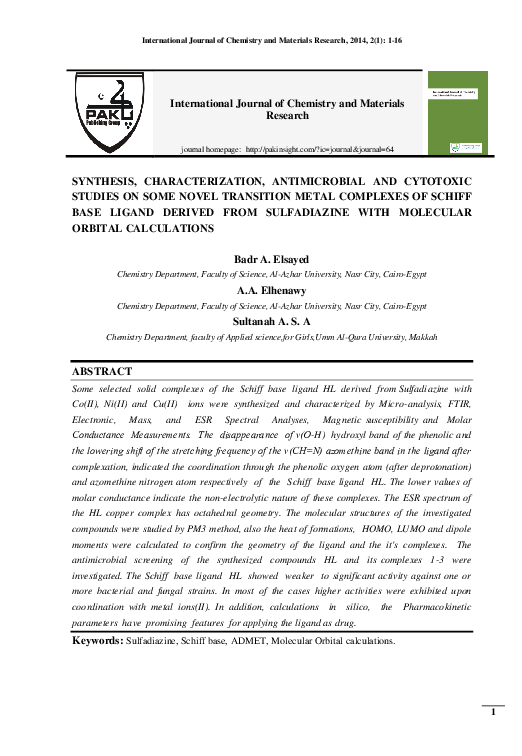 (PDF) SYNTHESIS, CHARACTERIZATION, ANTIMICROBIAL AND CYTOTOXIC STUDIES ON SOME NOVEL TRANSITION ...
