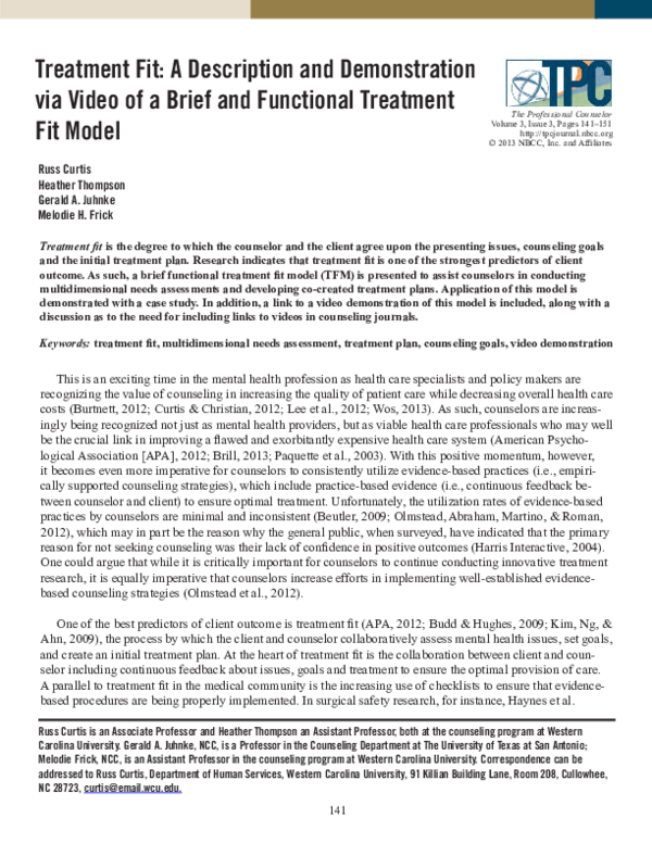 (PDF) Treatment Fit: A Description and Demonstration via Video of a ...