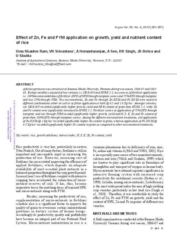 Pdf Effect Of Zn Fe And Fym Application On Growth Yield And