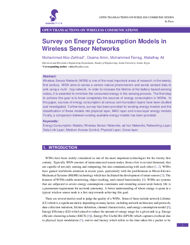 (PDF) Survey on Energy Consumption Models in Wireless Sensor Networks