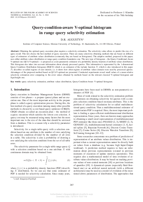 Pdf Query Condition Aware V Optimal Histogram In Range Query Selectivity Estimation