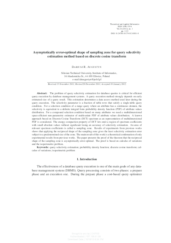Pdf Asymptotically Error Optimal Shape Of Sampling Zone For Query Selectivity Estimation