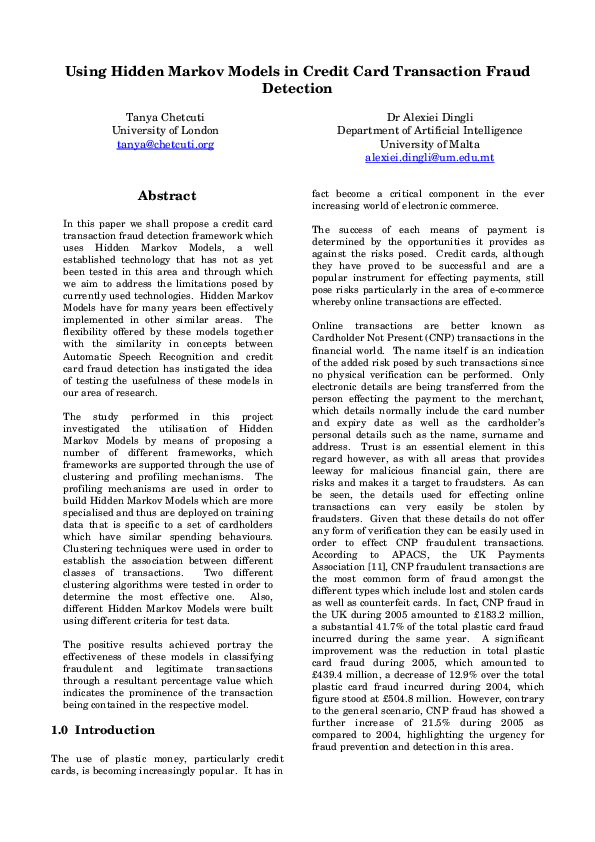 (PDF) Using Hidden Markov Models in Credit Card Transaction Fraud Detection