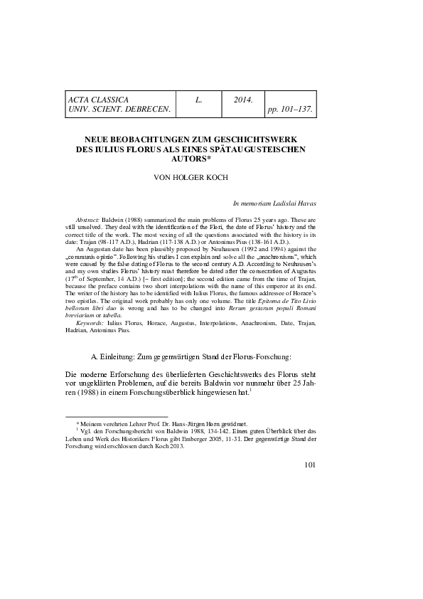 (PDF) Zur Frühdatierung des Historikes Julius Florus
