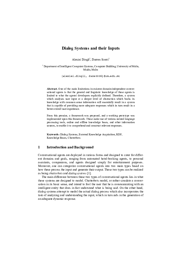 (PDF) Dialog Systems and their Inputs