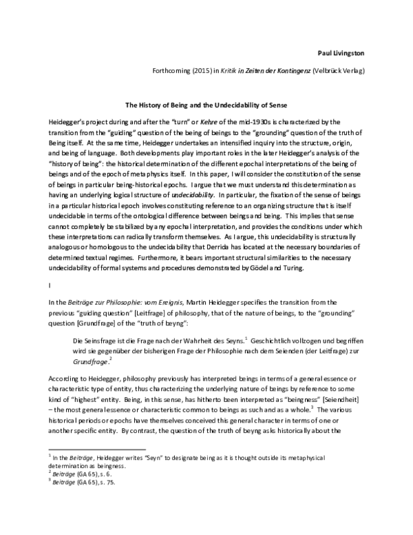 (PDF) The History of Being and the Undecidability of Sense