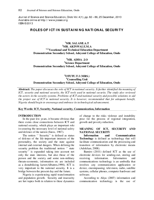 (PDF) ROLES OF ICT IN SUSTAINING NATIONAL SECURITY