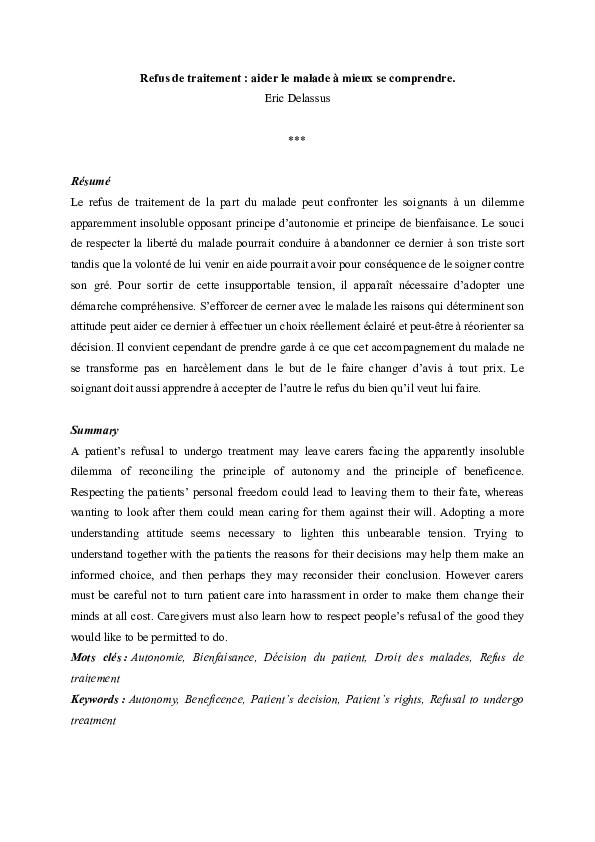 (PDF) Refus de traitement : aider le malade à mieux se comprendre