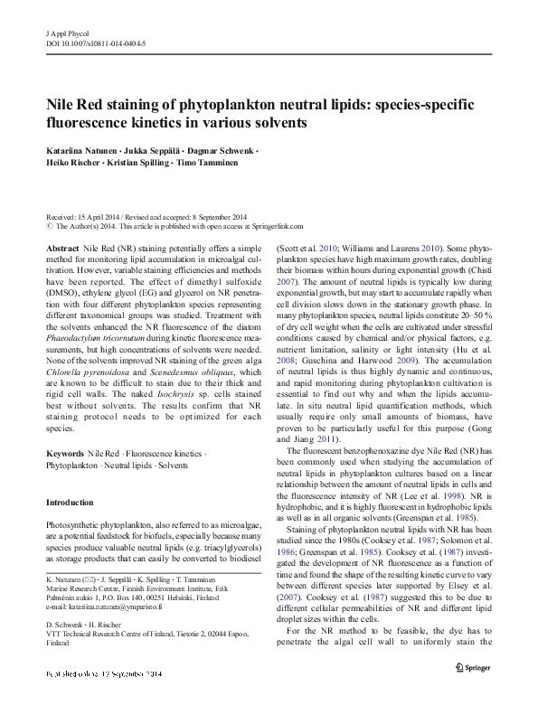 (PDF) Nile Red staining of phytoplankton neutral lipids: species ...