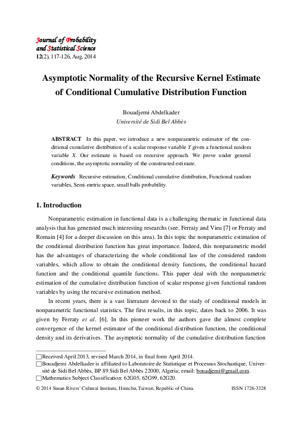 Asymptotic Normality of the Recursive Kernel Estimate of Conditional Cumulative Distribution ...