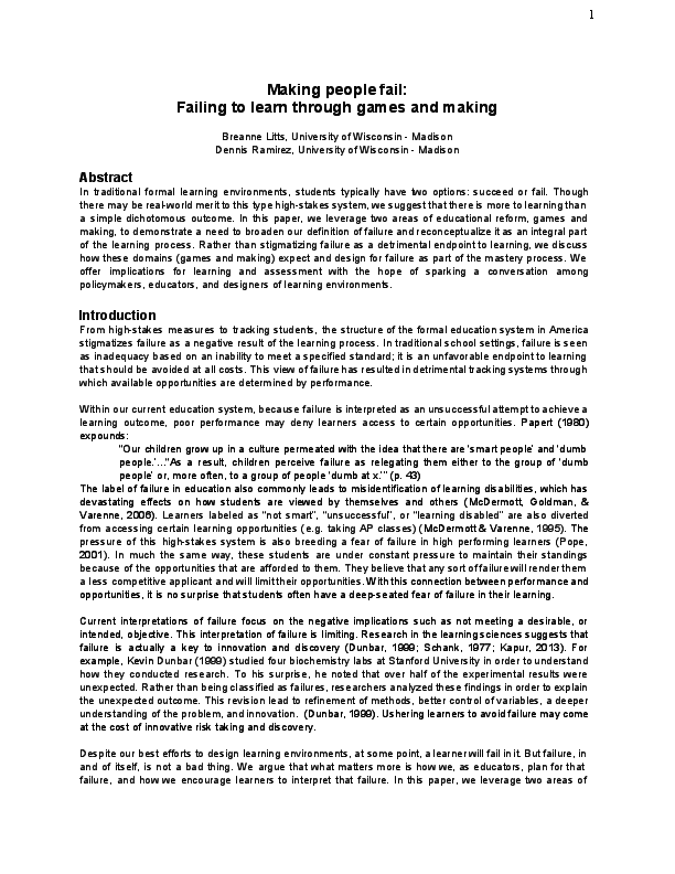 (PDF) Making people fail: Failing to learn through games and making