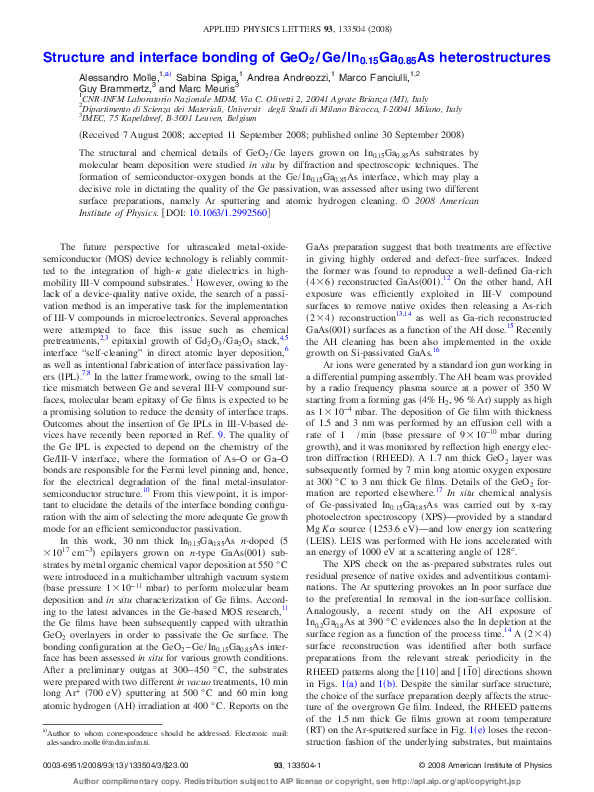 (PDF) Structure and interface bonding of GeO2/Ge/In0.15Ga0.85As ...