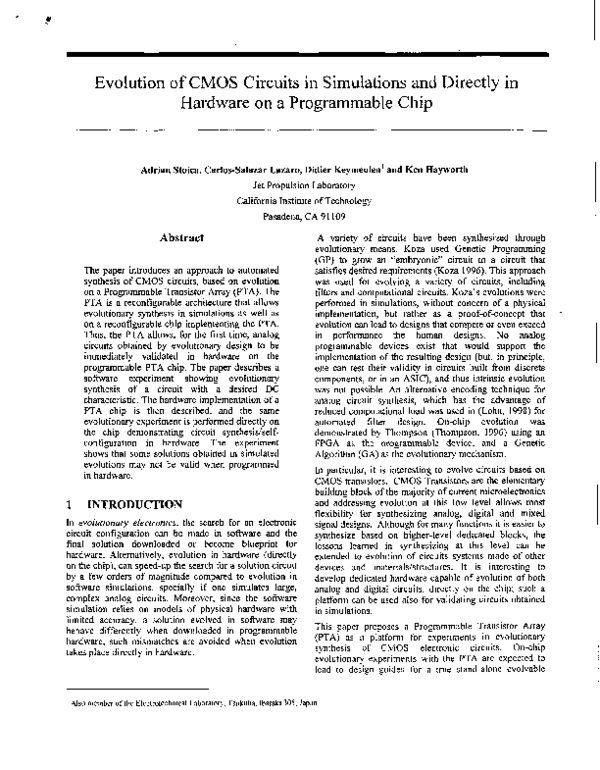 (PDF) Evolution of CMOS Circuits in Simulations and Directly in Hardware on a Programmable Chip