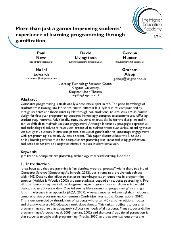 (PDF) More than just a game: Improving students' experience of learning programming through ...