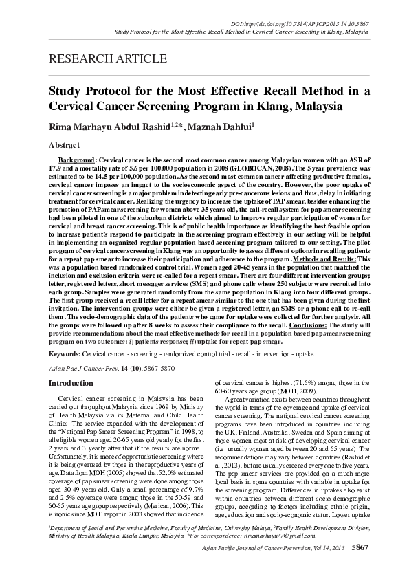 (PDF) Study Protocol for the Most Effective Recall Method in a Cervical ...
