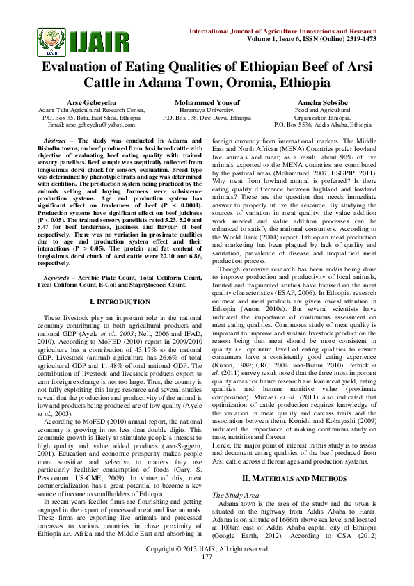 (PDF) Evaluation of Eating Qualities of Ethiopian Beef of Arsi Cattle ...