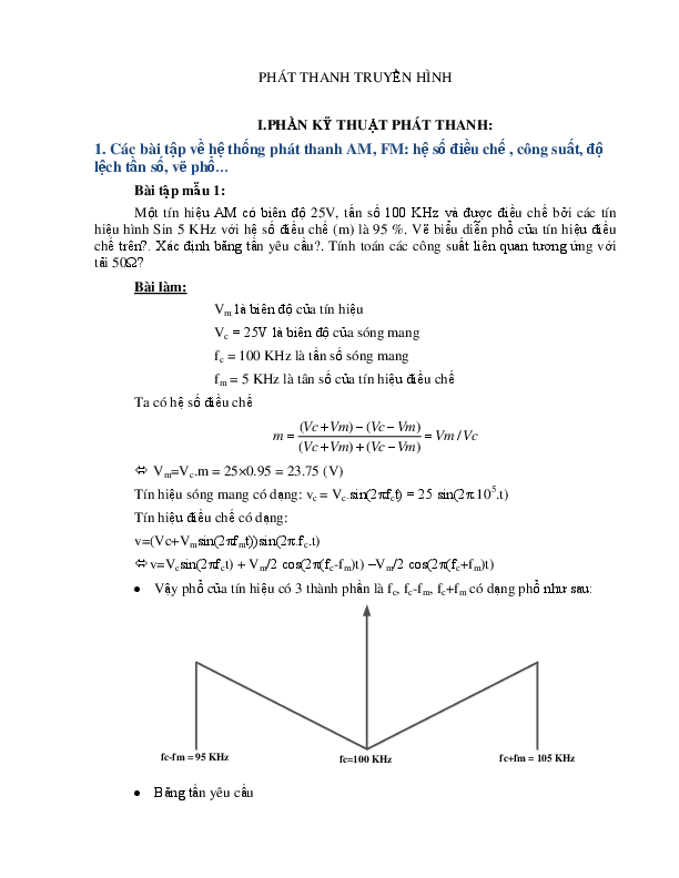(DOC) E C 0 I.PH N K THU T PHÁT THANH: Bài t p m u 1: Bài t p m u 2: M t máy phát FM phát đi tín ...
