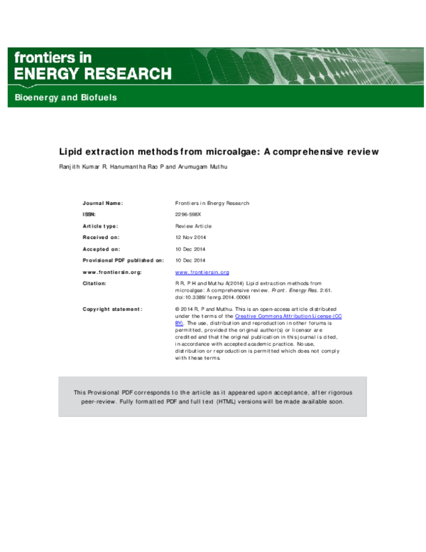 (PDF) Lipid extraction methods from microalgae A comprehensive review