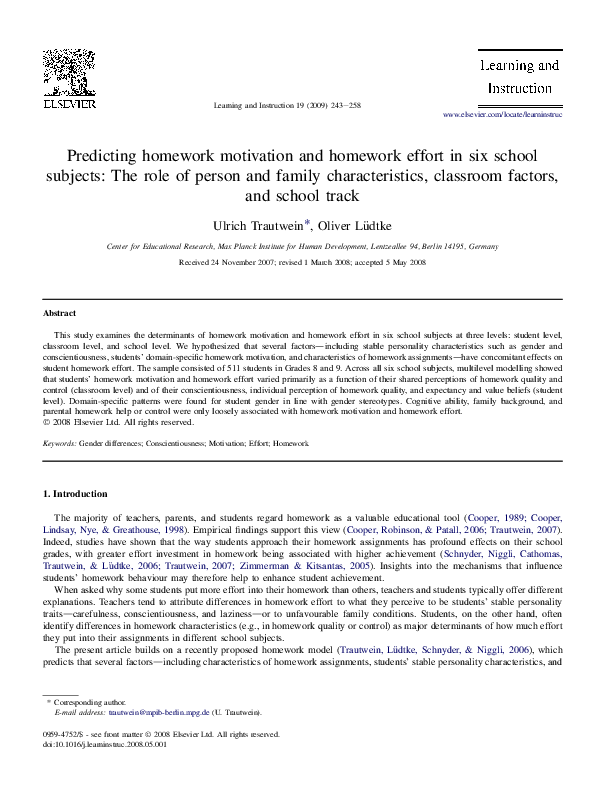 (PDF) Predicting homework motivation and homework effort in six school subjects: The role of ...