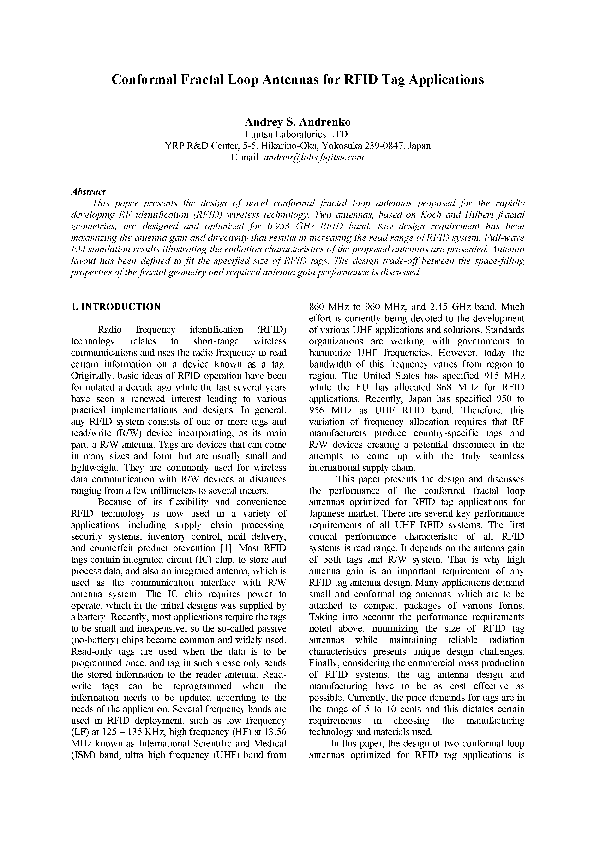 (PDF) Conformal Fractal Loop Antennas for RFID Tag Applications