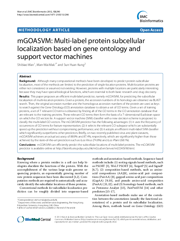 Pdf Mgoasvm Multi Label Protein Subcellular Localization Based On