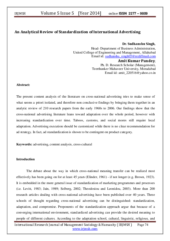 (PDF) An Analytical Review of Standardization of International