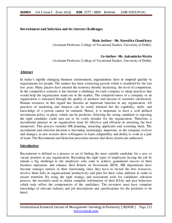 (PDF) Recruitment and Selection and Its Current Challenges