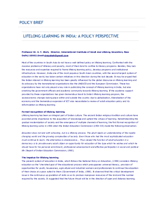 (DOC) LIFELONG LEARNING IN INDIA:POLICY PERSPECTIVE