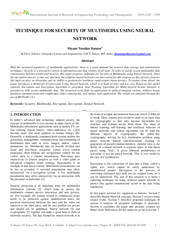 (PDF) TECHNIQUE FOR SECURITY OF MULTIMEDIA USING NEURAL NETWORK