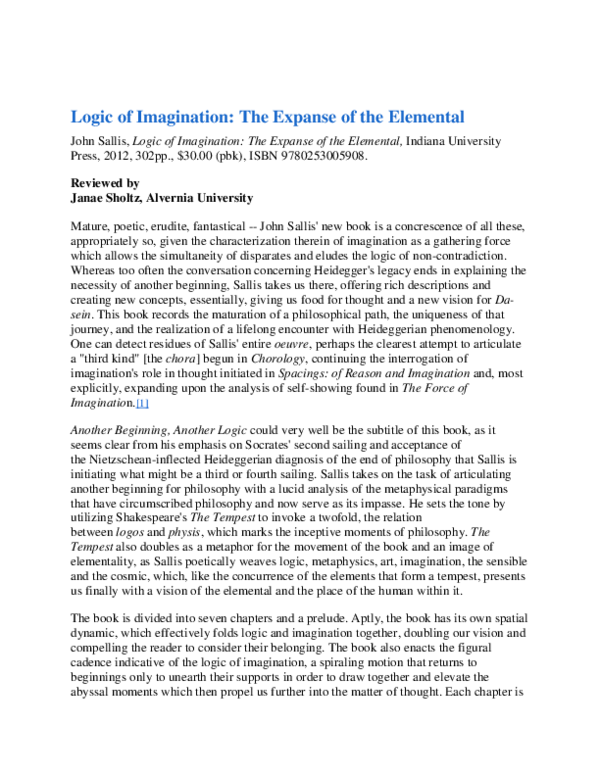 (DOC) Review of John Sallis' Logic of Imagination The Expanse of the ...
