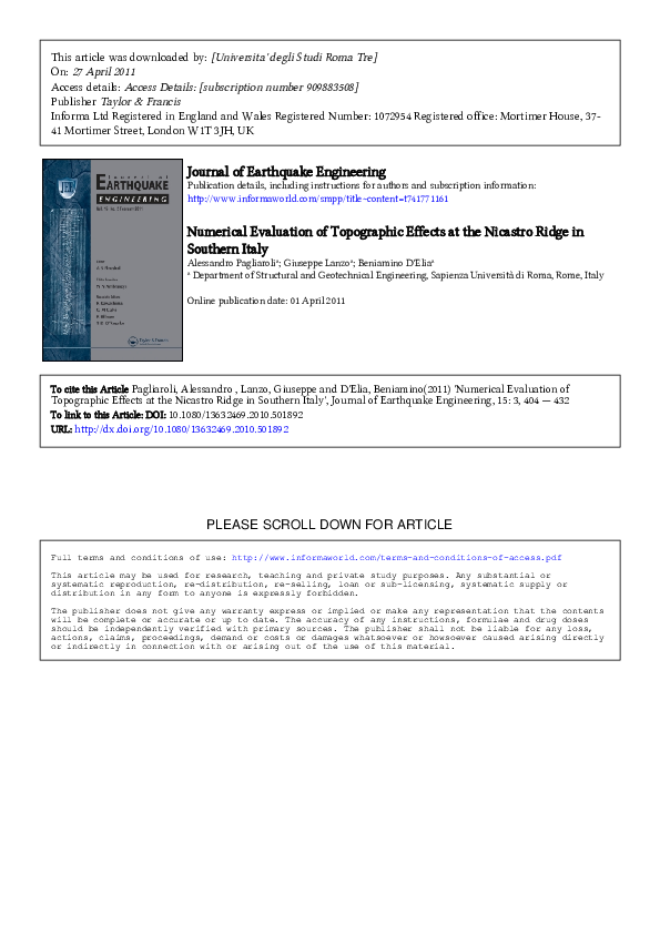 (PDF) Numerical Evaluation of Topographic Effects at the Nicastro Ridge in Southern Italy