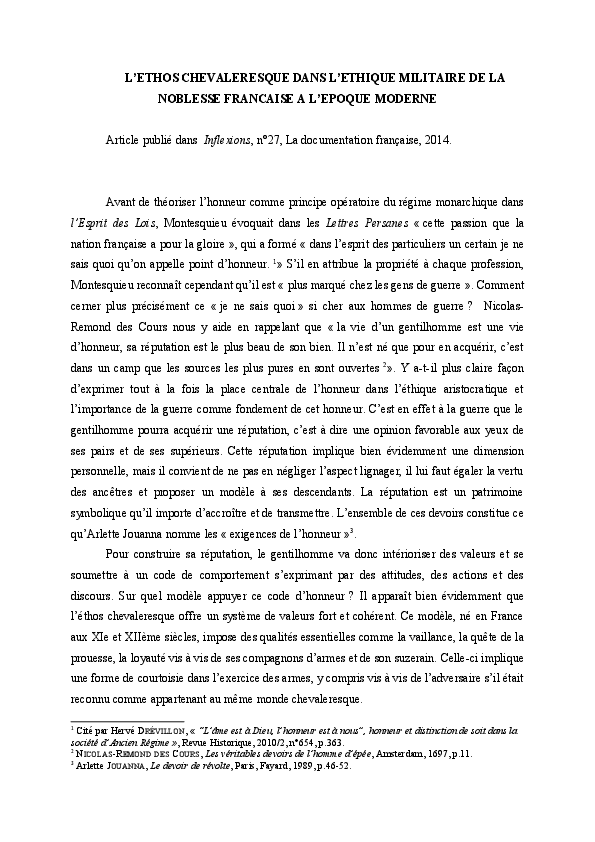 ethos chevaleresque et éthique militaire de la noblesse à l'époque moderne