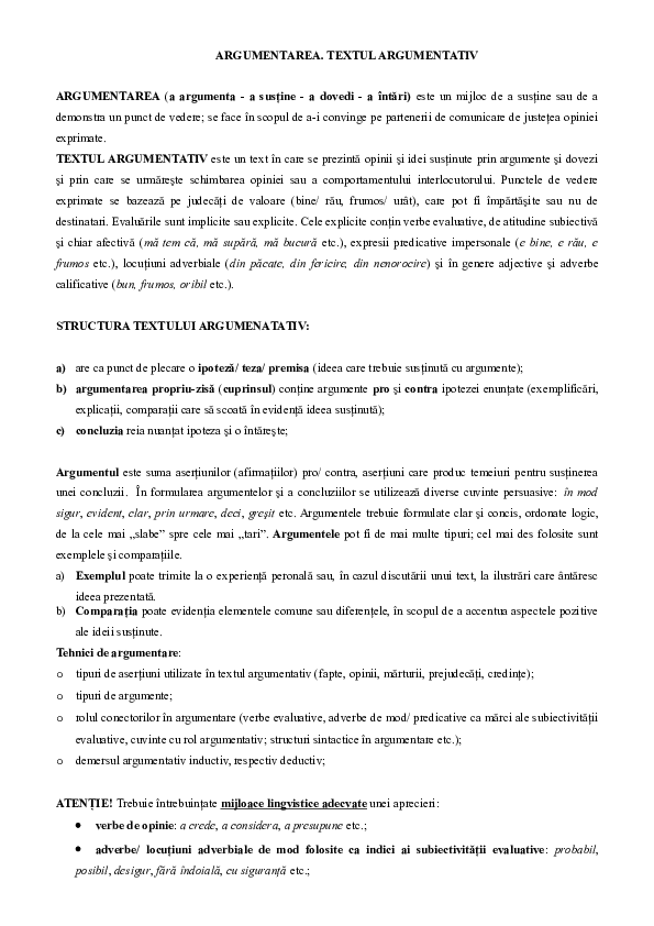 (DOC) ARGUMENTAREA. TEXTUL ARGUMENTATIV