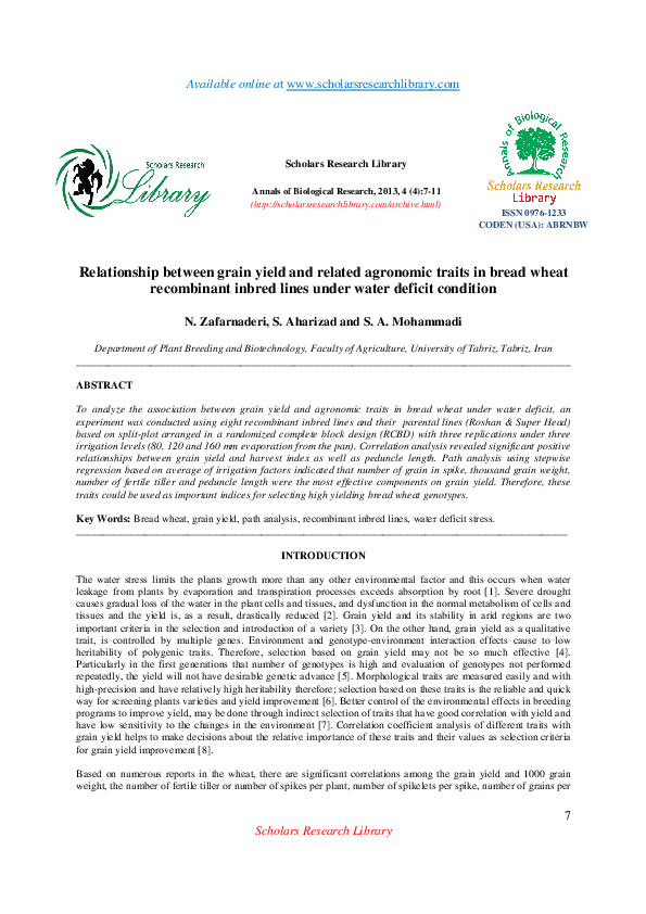 (PDF) Relationship between grain yield and related agronomic traits in bread wheat recombinant ...