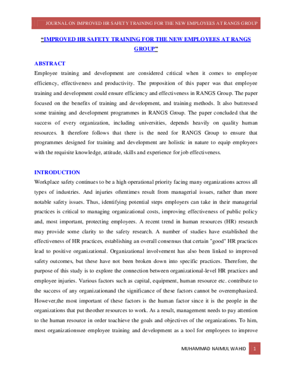 (DOC) “IMPROVED HR SAFETY TRAINING FOR THE NEW EMPLOYEES AT RANGS GROUP”
