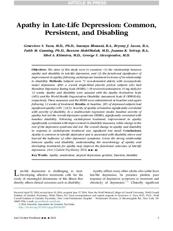 (PDF) Apathy's Impact on Disability in Late-Life Depression