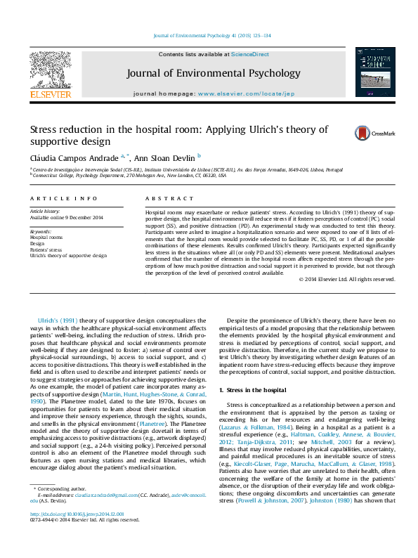 (PDF) Stress reduction in the hospital room: Applying Ulrich's theory ...