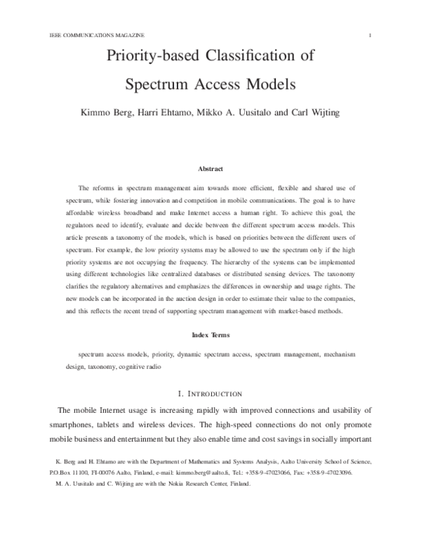 (PDF) Priority-based Classification of Spectrum Access Models