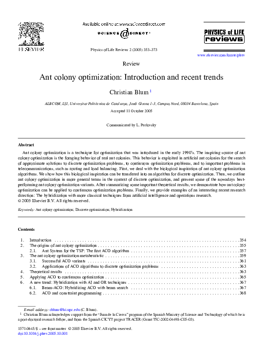 (PDF) Ant colony optimization: Introduction and recent trends