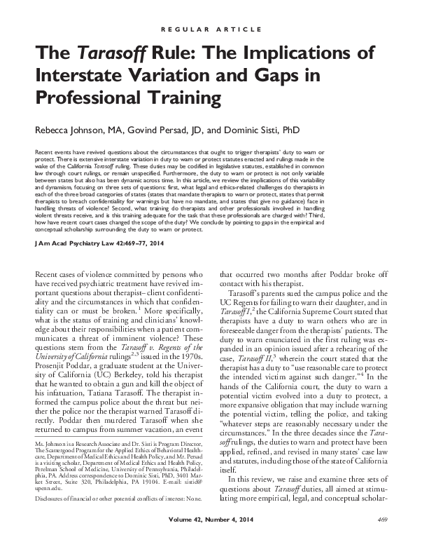 (PDF) The Tarasoff Rule: The Implications of Inter-State Variation and ...