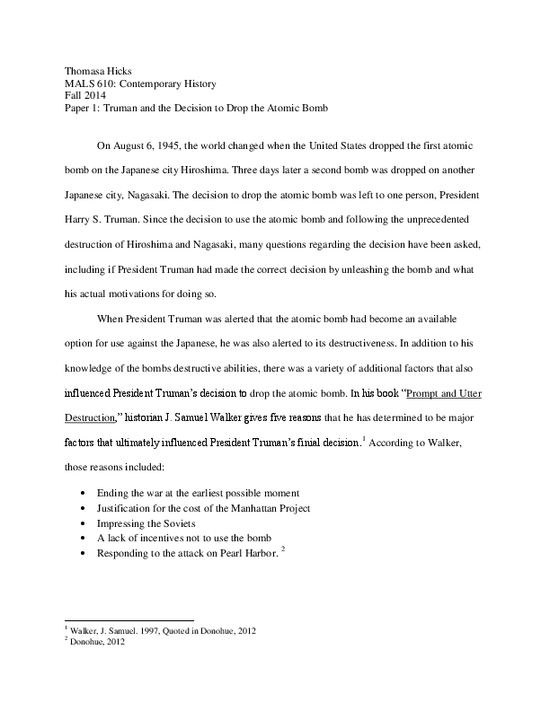 (DOC) Truman and the Decision to Drop the Atomic Bomb